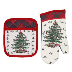 spode - 2pc kitchen set, oven mitt & pot holder, holiday home decor christmas tree tartan collection