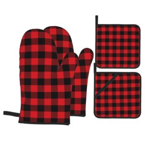 buffalo plaid oven mitts and pot holders sets, 4 piece set, heat resistant polyester gloves and pads for kitchen cooking baking grilling bbq