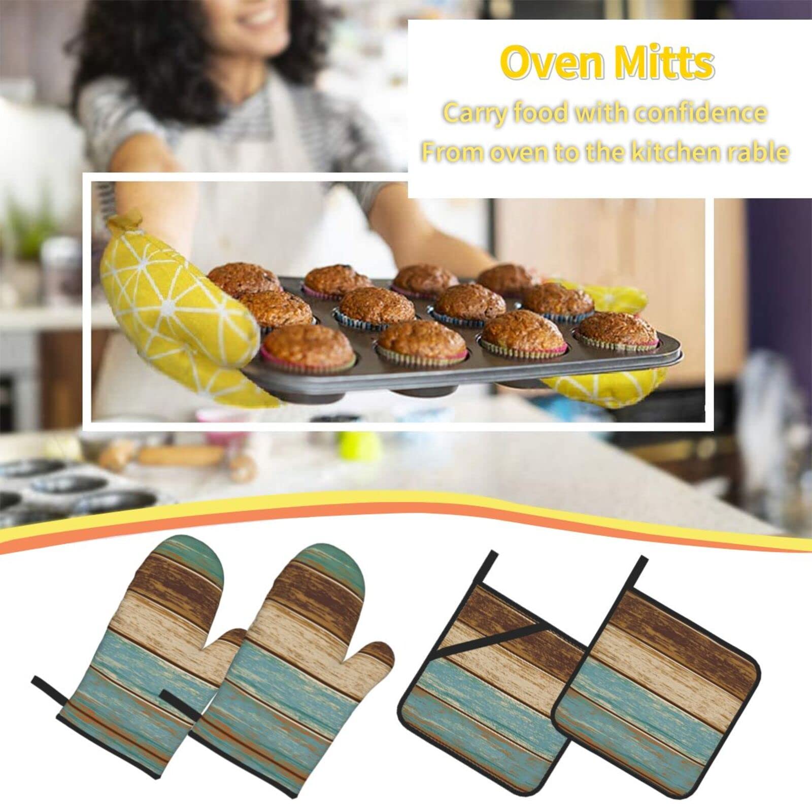 Retro Rustic Barn Wood Oven Mitts and Pot Holders Sets Set of 4，Resistant Hot Pads Non-Slip Cotton Lining Gloves for Kitchen Baking Cooking Grilling