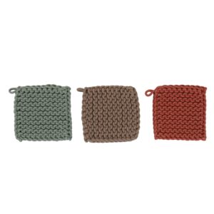 creative co-op cotton crocheted, 3 colors pot holders, 8" l x 8" w x 0" h, green/rust