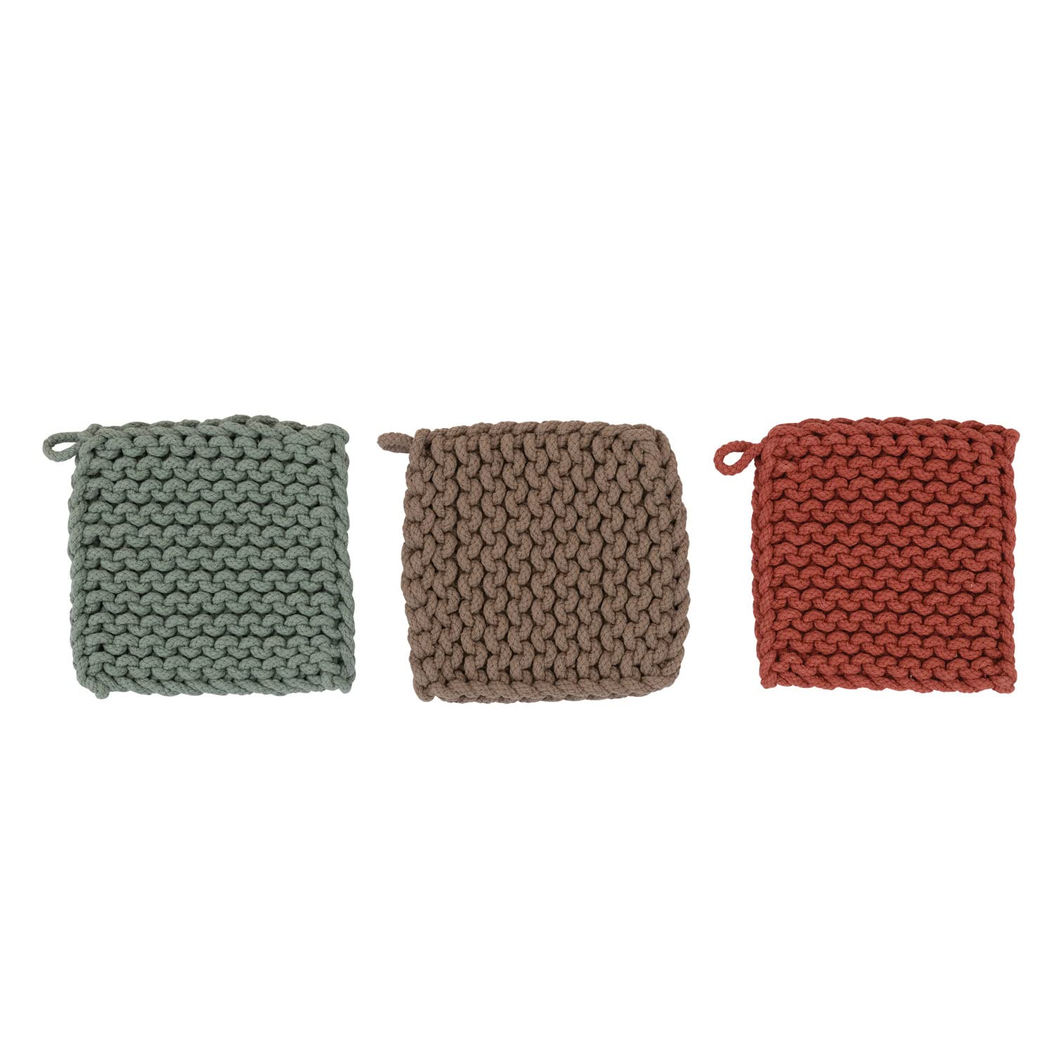 Creative Co-Op Cotton Crocheted, 3 Colors Pot Holders, 8" L x 8" W x 0" H, Green/Rust