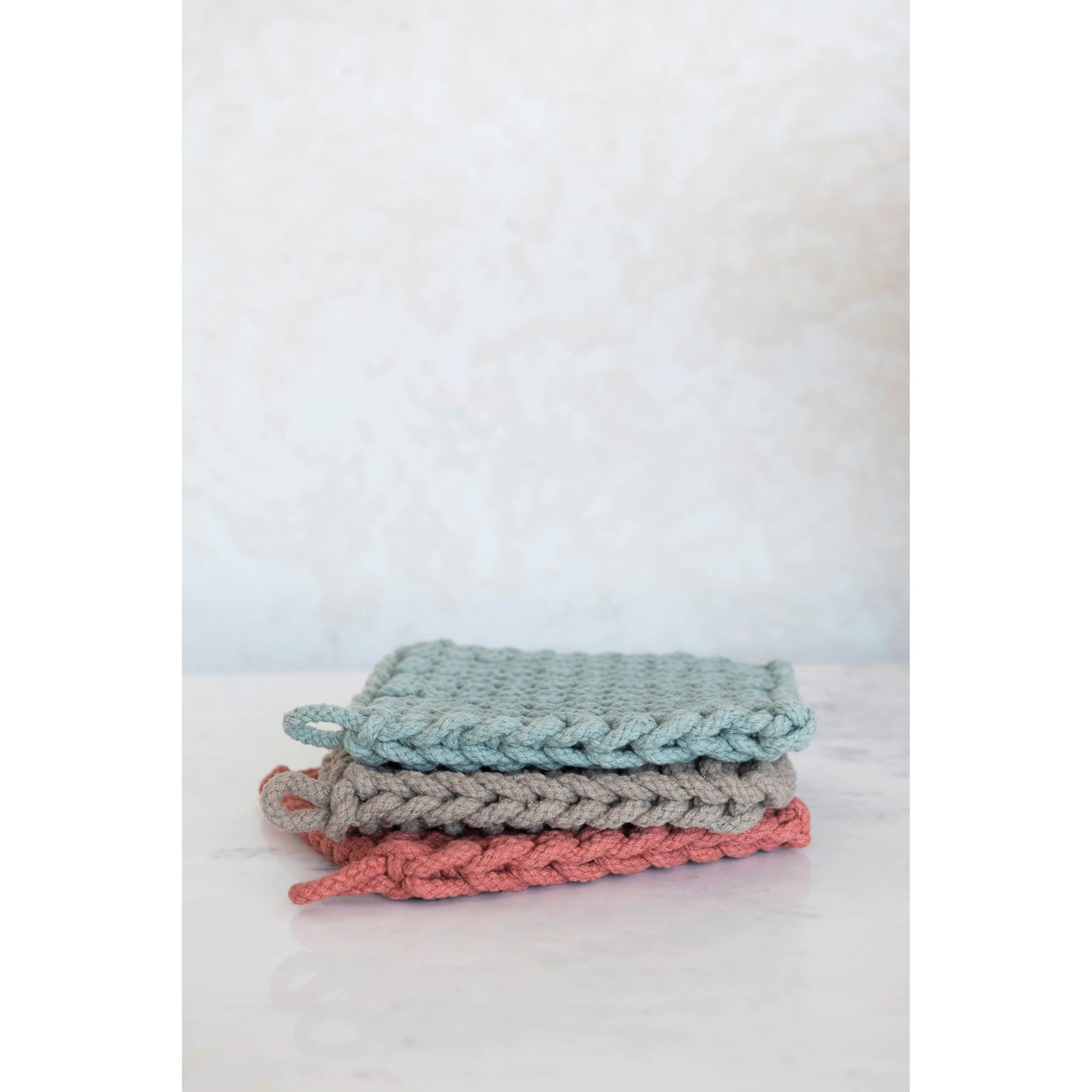 Creative Co-Op Cotton Crocheted, 3 Colors Pot Holders, 8" L x 8" W x 0" H, Green/Rust