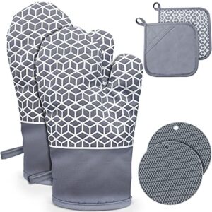 oven mitts and pot holders, hmtruly extra long oven gloves, 500℉ heat resistant oven mitts with non-slip silicone pattern, oven hot pads pot holders for bbq kitchen baking cooking (6-piece set, grey)