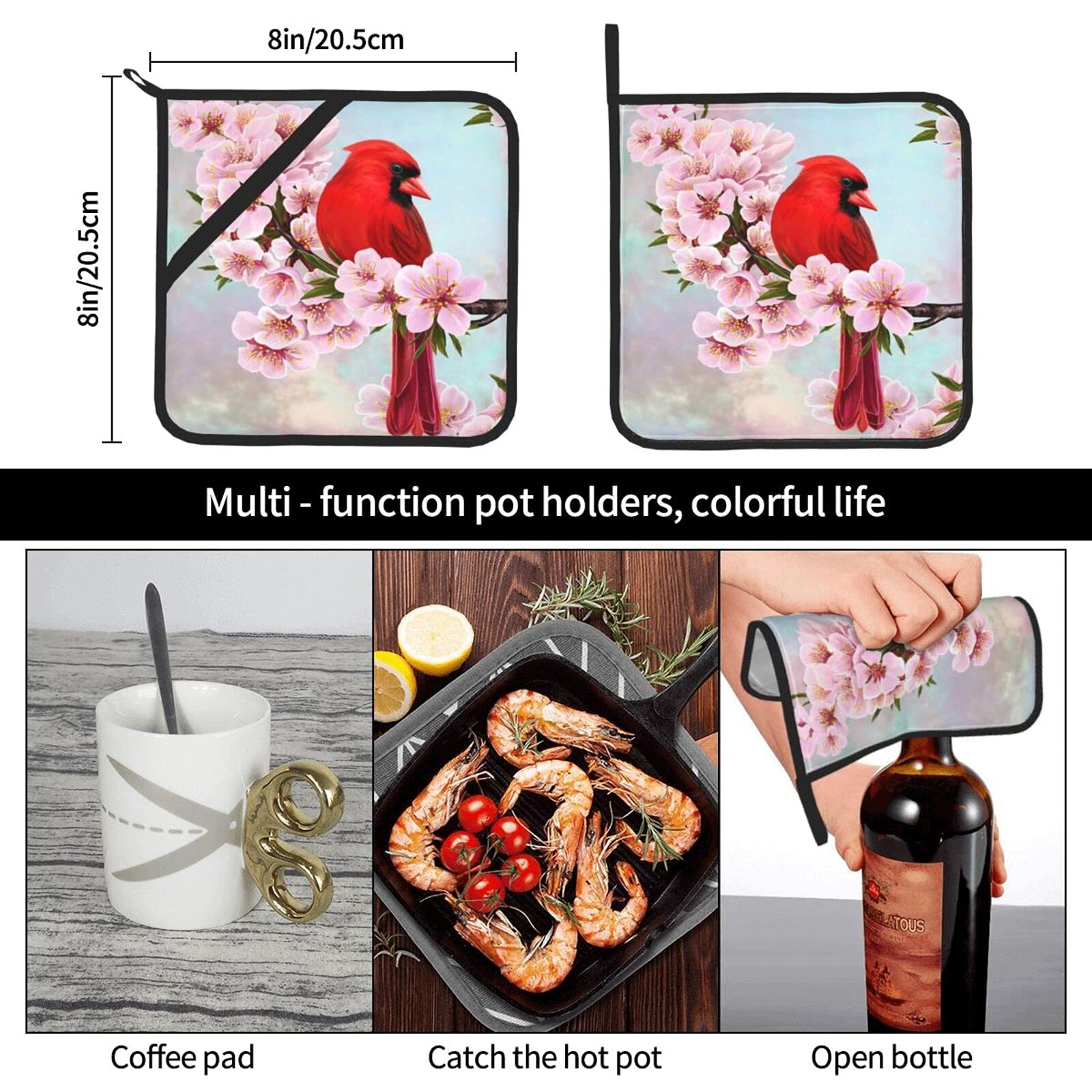 Evava Potholders 2 Pieces Set, Red Cardinal Bird Pink Flowers Hot Pads with Anti-Scald Cotton Infill Material Birds One Size