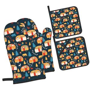 camper car oven mitts and pot holders sets potholders oven gloves hot pads for kitchen cooking baking grilling grill 4-piece set