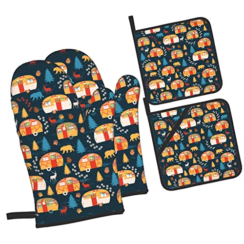 Camper Car Oven Mitts and Pot Holders Sets Potholders Oven Gloves Hot Pads for Kitchen Cooking Baking Grilling Grill 4-Piece Set