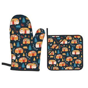 Camper Car Oven Mitts and Pot Holders Sets Potholders Oven Gloves Hot Pads for Kitchen Cooking Baking Grilling Grill 4-Piece Set