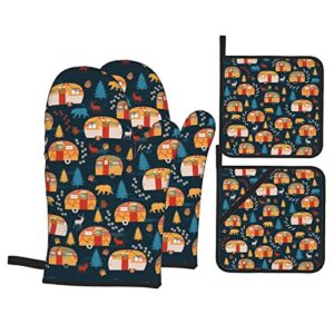 Camper Car Oven Mitts and Pot Holders Sets Potholders Oven Gloves Hot Pads for Kitchen Cooking Baking Grilling Grill 4-Piece Set