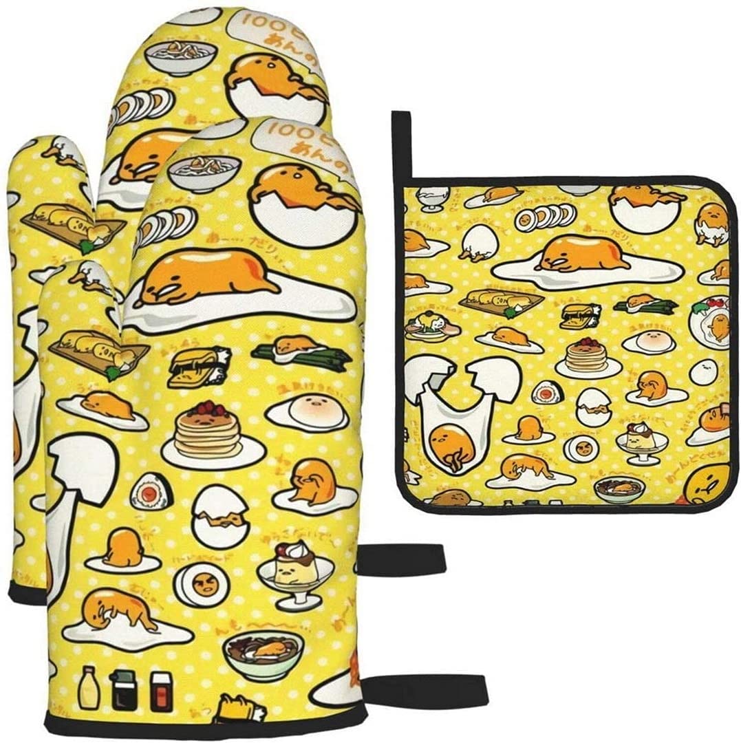 JKKL Gudetama Pattern，3pcs Oven Mitts and Pot Holders for Kitchen,Cooking,Baking,Grilling,BBQ