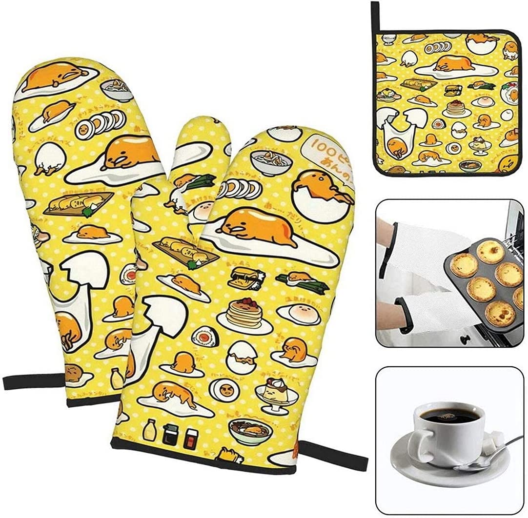 JKKL Gudetama Pattern，3pcs Oven Mitts and Pot Holders for Kitchen,Cooking,Baking,Grilling,BBQ