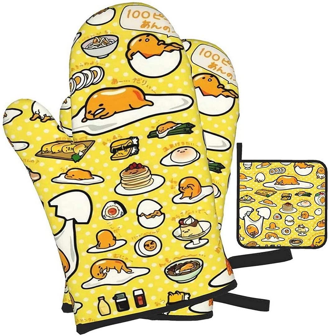 JKKL Gudetama Pattern，3pcs Oven Mitts and Pot Holders for Kitchen,Cooking,Baking,Grilling,BBQ