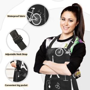 White Eiffel Tower Bicycle ords Paris France on Dark Black 5 Pcs Set Cooking Apron Heat Insulated Oven Mitts with Pot Holder Pad, Kitchen Oven Gloves Protectors Mat for Grilling Baking