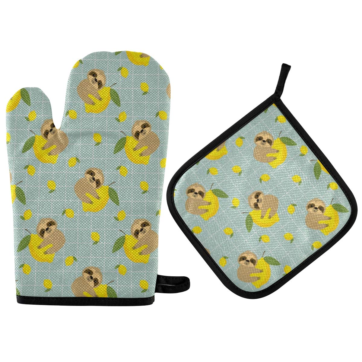 Oven Mitts Pot Holders Sets - Cute Sloth Lemon Cooking Gloves Hot Pads Non-Slip Potholders for Kitchen Baking Cooking BBQ Grilling