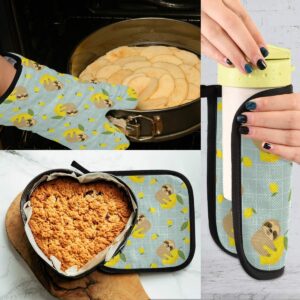 Oven Mitts Pot Holders Sets - Cute Sloth Lemon Cooking Gloves Hot Pads Non-Slip Potholders for Kitchen Baking Cooking BBQ Grilling