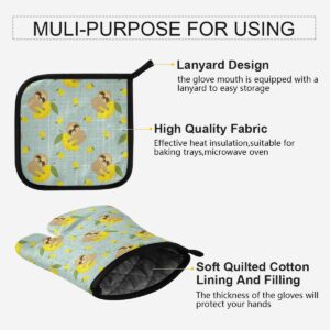 Oven Mitts Pot Holders Sets - Cute Sloth Lemon Cooking Gloves Hot Pads Non-Slip Potholders for Kitchen Baking Cooking BBQ Grilling