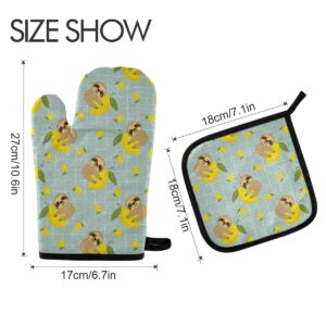 Oven Mitts Pot Holders Sets - Cute Sloth Lemon Cooking Gloves Hot Pads Non-Slip Potholders for Kitchen Baking Cooking BBQ Grilling