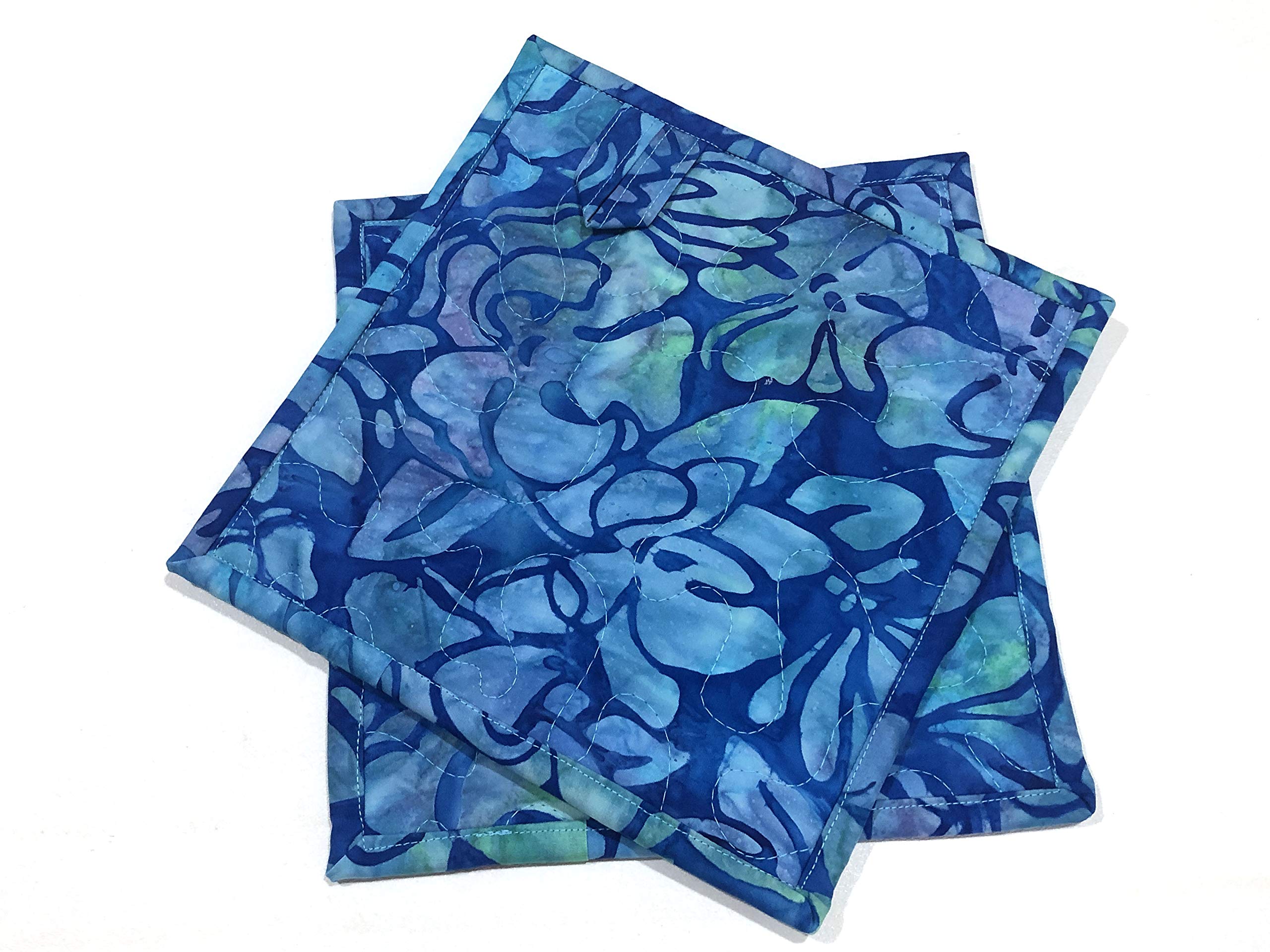 Batik Quilted Fabric Pot Holders with Blue Floral Print