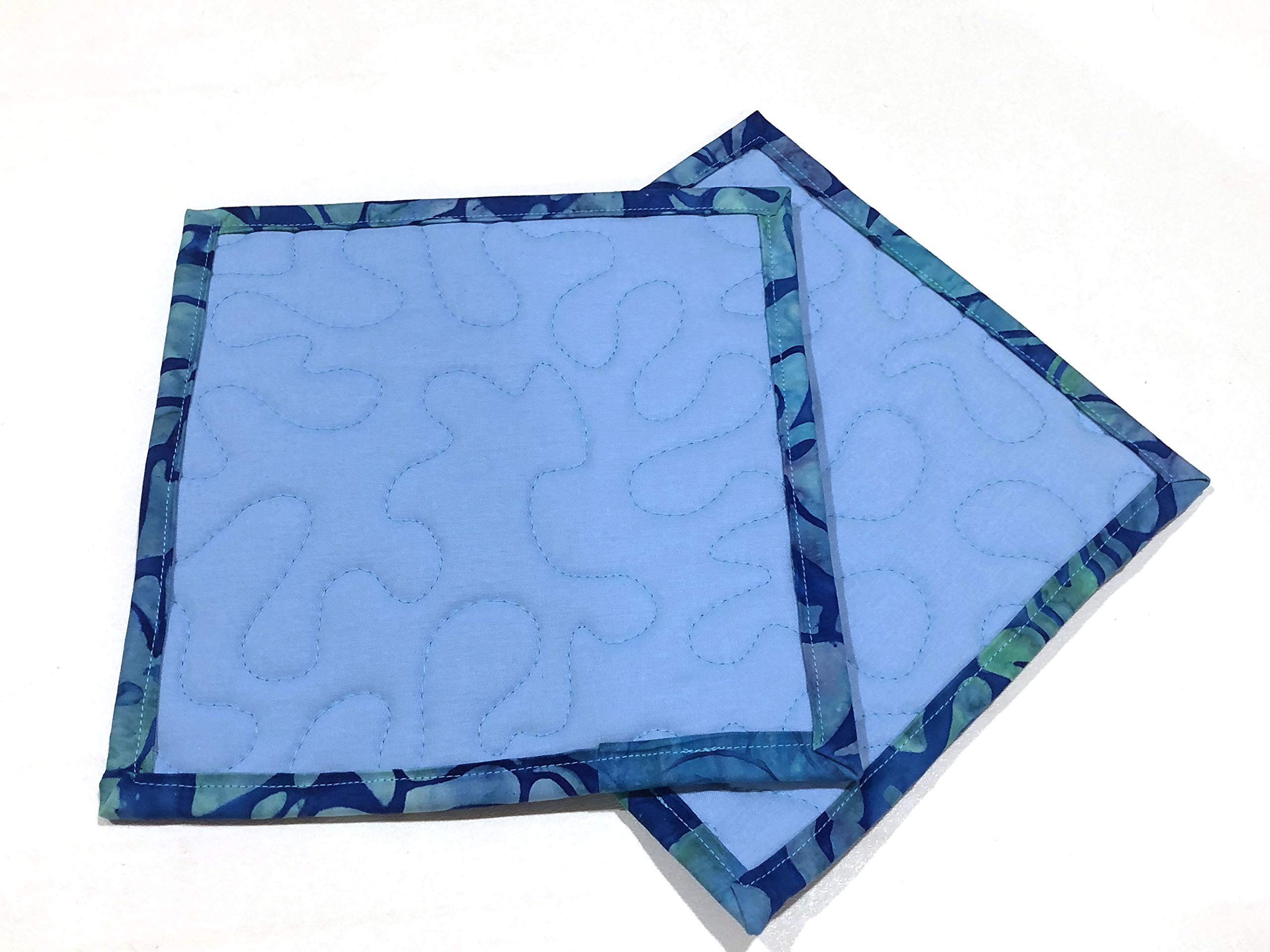 Batik Quilted Fabric Pot Holders with Blue Floral Print