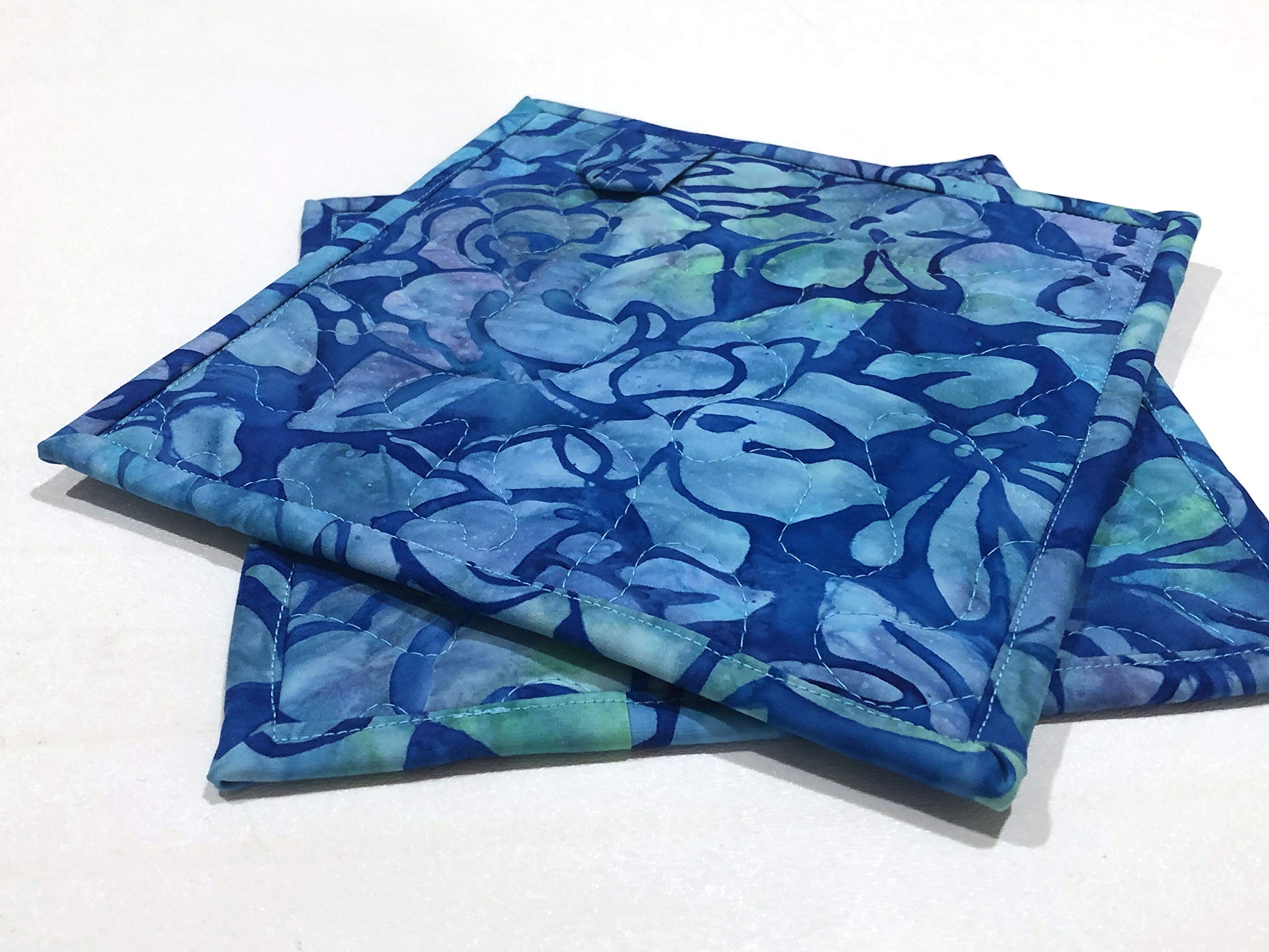 Batik Quilted Fabric Pot Holders with Blue Floral Print