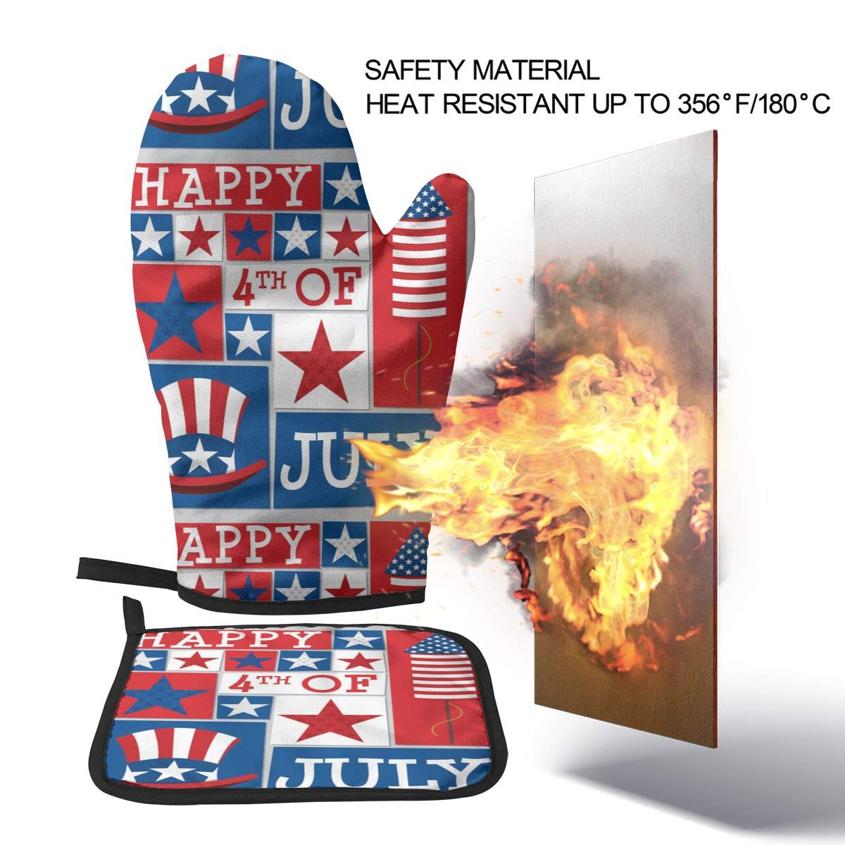 Patriotic 4th of July Oven Mitt Set Pot Holder Heat Resistant Hot Kitchen Insulated Glove for Microwave Cooking BBQ Baking Grilling Washable