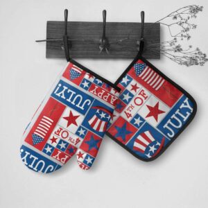 Patriotic 4th of July Oven Mitt Set Pot Holder Heat Resistant Hot Kitchen Insulated Glove for Microwave Cooking BBQ Baking Grilling Washable