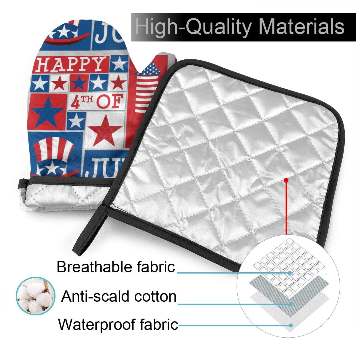 Patriotic 4th of July Oven Mitt Set Pot Holder Heat Resistant Hot Kitchen Insulated Glove for Microwave Cooking BBQ Baking Grilling Washable