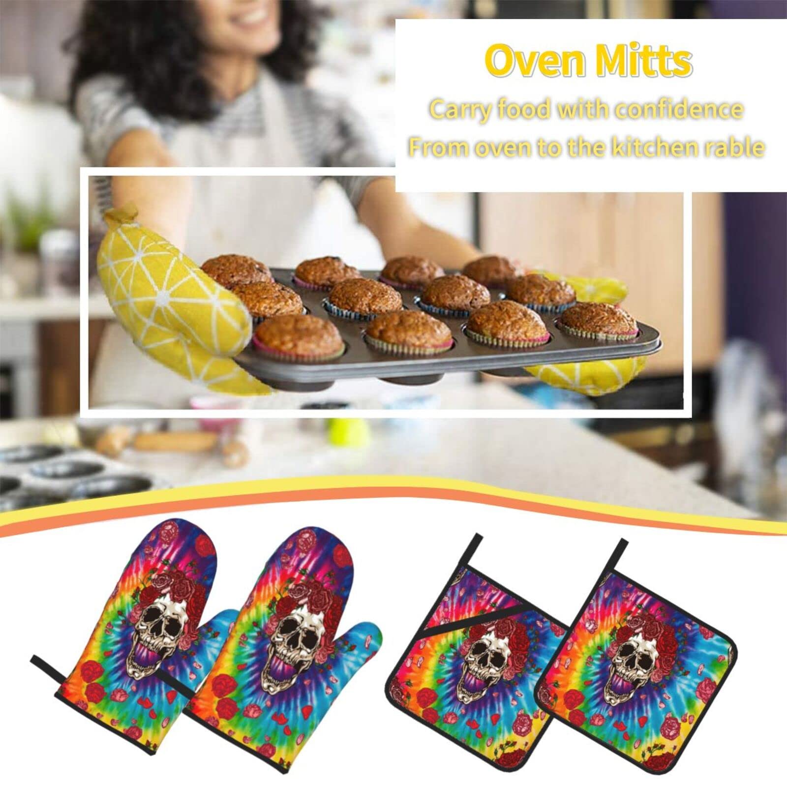 4 Piece Oven Glove and Pot Holder,Greatful Dead Tie Dye Design,Heat Resistant Oven Glove and Pot Holder,Can Be Used for Cooking and Grilling Gold One Size