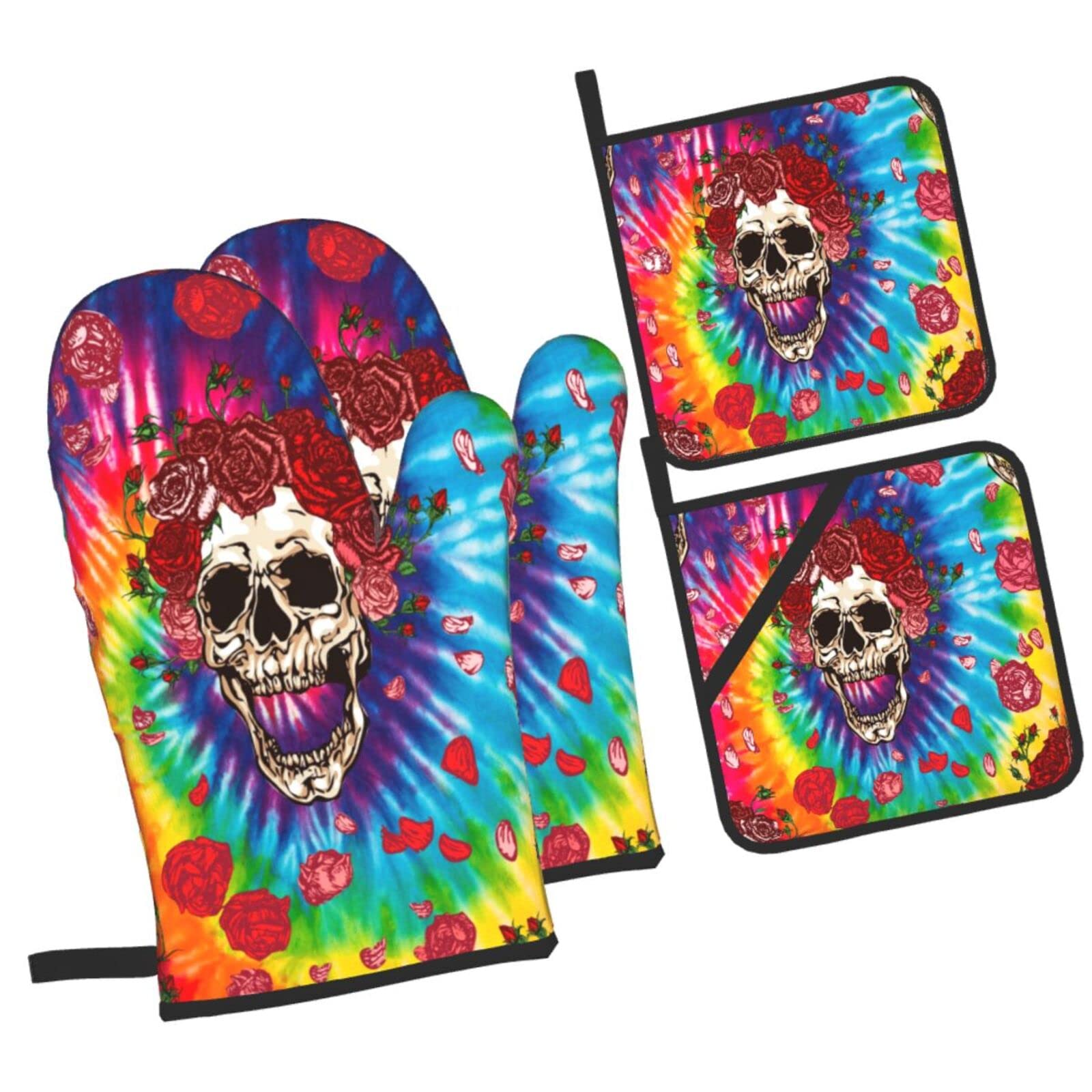 4 Piece Oven Glove and Pot Holder,Greatful Dead Tie Dye Design,Heat Resistant Oven Glove and Pot Holder,Can Be Used for Cooking and Grilling Gold One Size