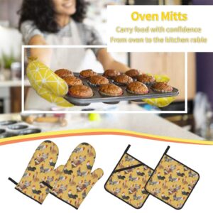 Chickens Rooster Oven Mitts and Pot Holders Sets for Kitchen Decor, Non-Slip Heat Resistant Gloves Potholders Pot Pads for Cooking Baking Grilling BBQ(4-Piece Set)