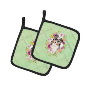 caroline's treasures ck4427pthd australian shepherd green flowers pair of pot holders kitchen heat resistant pot holders sets oven hot pads for cooking baking bbq, 7 1/2 x 7 1/2