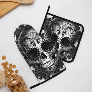 Sugar Skull Oven Mitts and Pot Holders Sets Non-Slip Heat Resistant Kitchen Gloves and Pot Pad for Cooking Baking Grilling