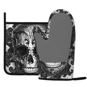 Sugar Skull Oven Mitts and Pot Holders Sets Non-Slip Heat Resistant Kitchen Gloves and Pot Pad for Cooking Baking Grilling