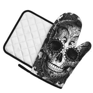 Sugar Skull Oven Mitts and Pot Holders Sets Non-Slip Heat Resistant Kitchen Gloves and Pot Pad for Cooking Baking Grilling