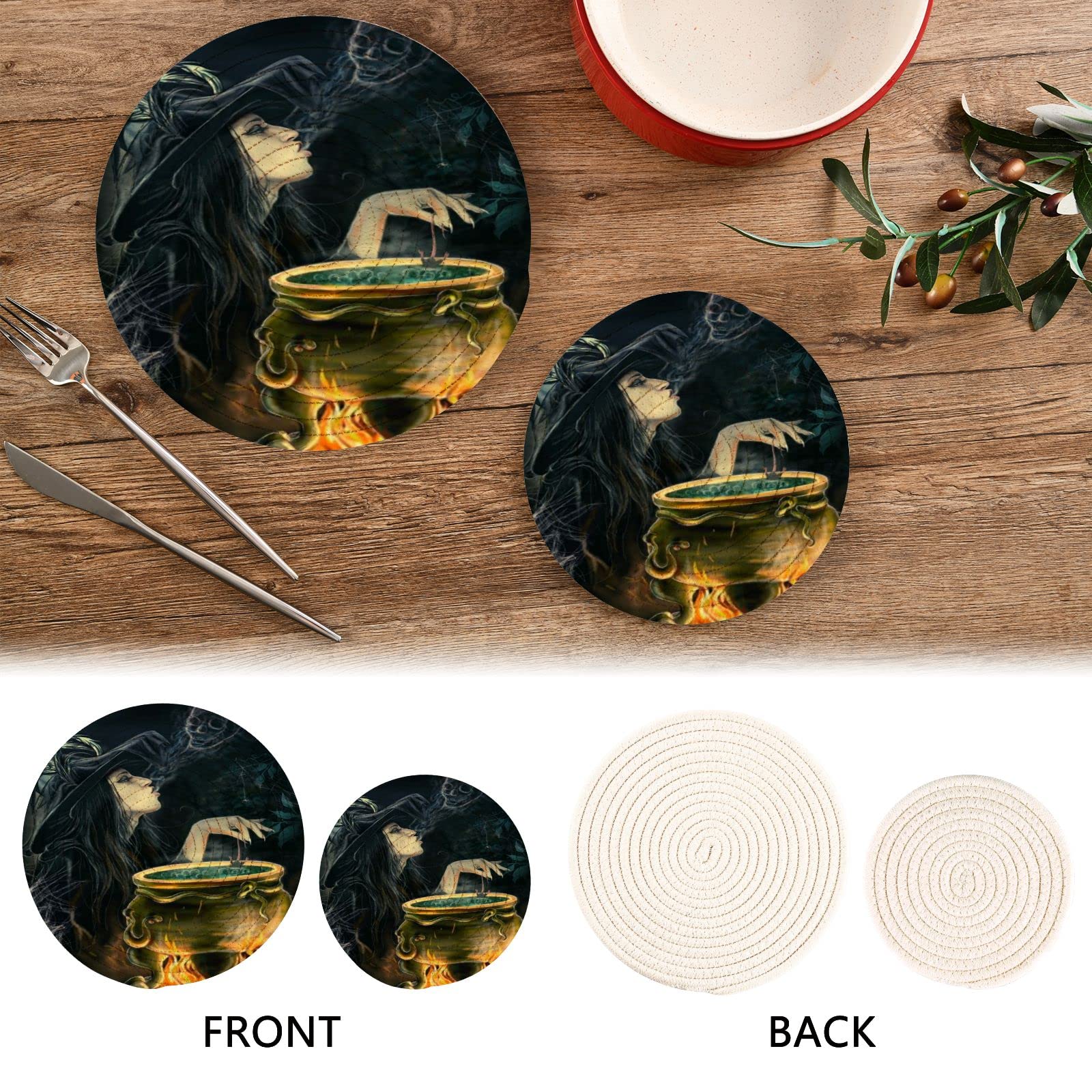 Halloween Witches Pot Holders Set Trivets Set 2 PCS Heat Resistant Round Coasters Cotton Thread Weave Hot Pads for Hot Dishes Pans Pot Bowl