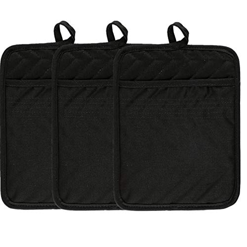 Vedoda Oven Pot Holders with Pockets,3 Sets,7"x9" Hot Pads Potholders,for Cooking Grilling Barking in Restaurant Cafe,Heat Resistant Coaster Gloves (Black)