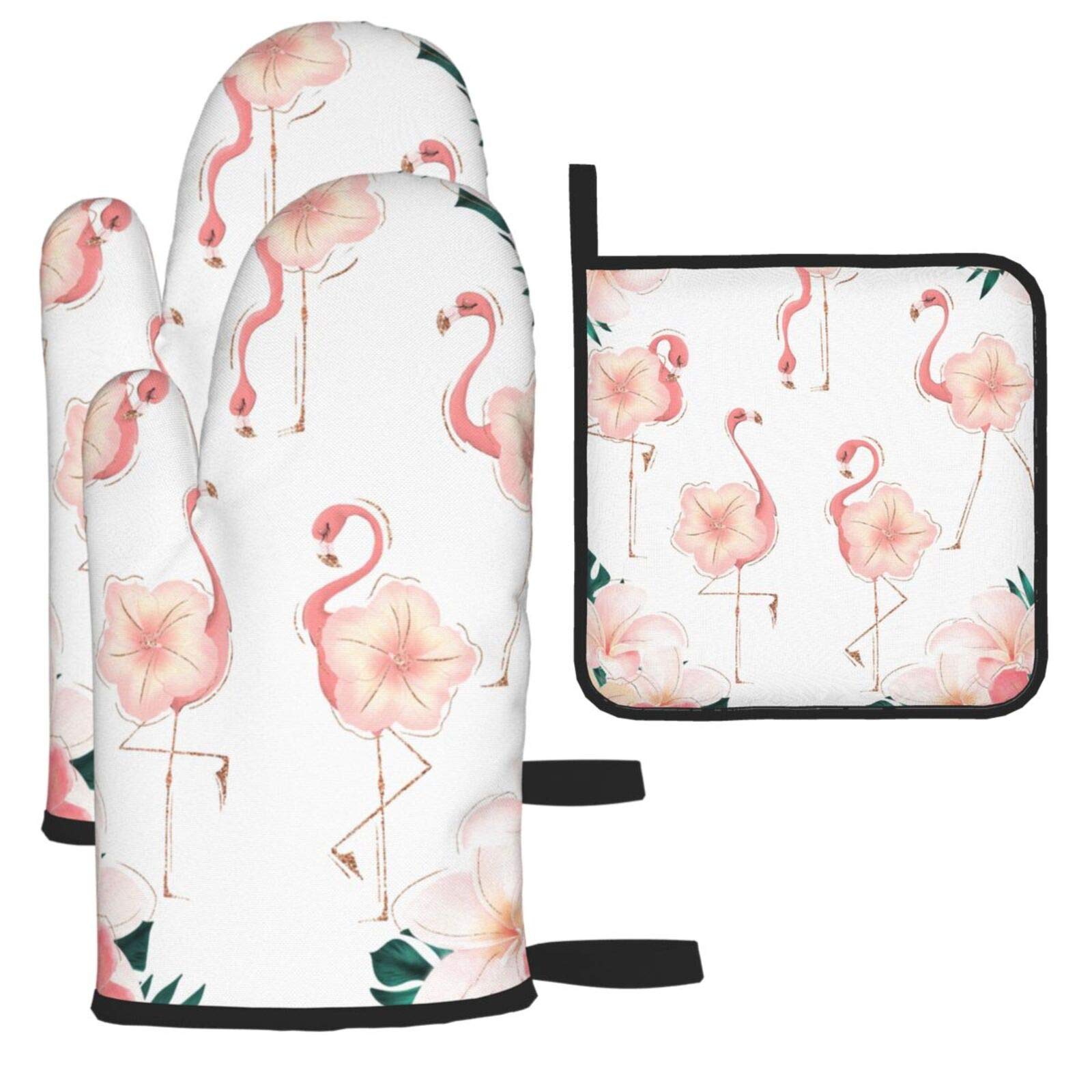 Pink Flamingo Oven Mitts and Pot Holders Sets Cute Flamingos Heat Resistant Oven Golves and Hot Pads for Kitchen Baking Grilling BBQ Decor