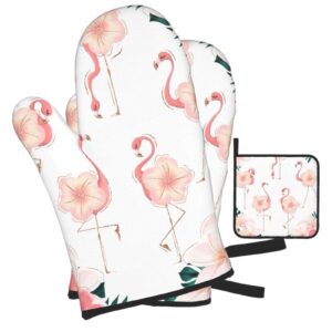 Pink Flamingo Oven Mitts and Pot Holders Sets Cute Flamingos Heat Resistant Oven Golves and Hot Pads for Kitchen Baking Grilling BBQ Decor