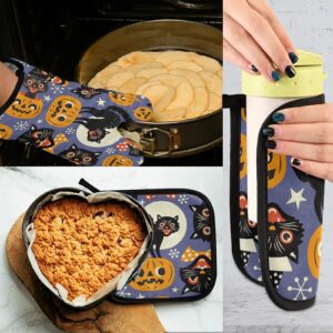 Oven Mitts and Pot Holders Set High Insulated Oven Gloves with Heat Insulation Pad Cat and Halloween Pumpkins Soft Cotton Lining and Non-Slip Surface Kitchen Mitten for Safe BBQ Cooking Baking