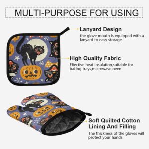 Oven Mitts and Pot Holders Set High Insulated Oven Gloves with Heat Insulation Pad Cat and Halloween Pumpkins Soft Cotton Lining and Non-Slip Surface Kitchen Mitten for Safe BBQ Cooking Baking