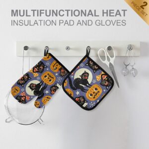 Oven Mitts and Pot Holders Set High Insulated Oven Gloves with Heat Insulation Pad Cat and Halloween Pumpkins Soft Cotton Lining and Non-Slip Surface Kitchen Mitten for Safe BBQ Cooking Baking