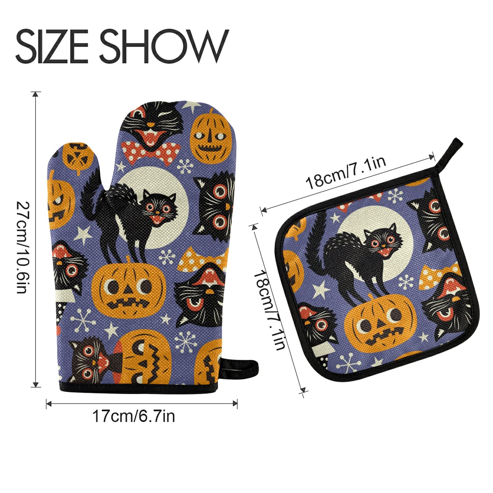 Oven Mitts and Pot Holders Set High Insulated Oven Gloves with Heat Insulation Pad Cat and Halloween Pumpkins Soft Cotton Lining and Non-Slip Surface Kitchen Mitten for Safe BBQ Cooking Baking