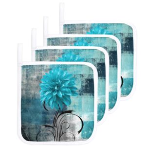 4 Pack Pot Holders for Kitchen,Blue Green Gradient Teal Turquoise Dahlia Floral Heat Proof Potholder Hot Pads Trivet,Flower Abstract Art Oil Painting Washable Coaster Potholders for Cooking Baking