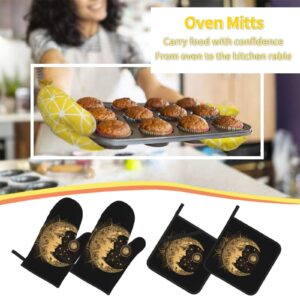 Snrfory Oven Mitts and Pot Holders 4pcs Set, Boho Moon Stars Sky Bohemian Kitchen Oven Glove for Cooking Baking Grilling