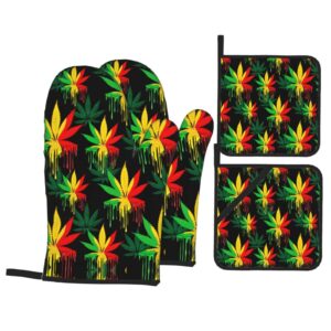 oven mitts and pot holders 4 pack marijuana maple leaf heat-resistant oven glove with non-slip, oven mitts for bbq baking grilling kitchen home gift set