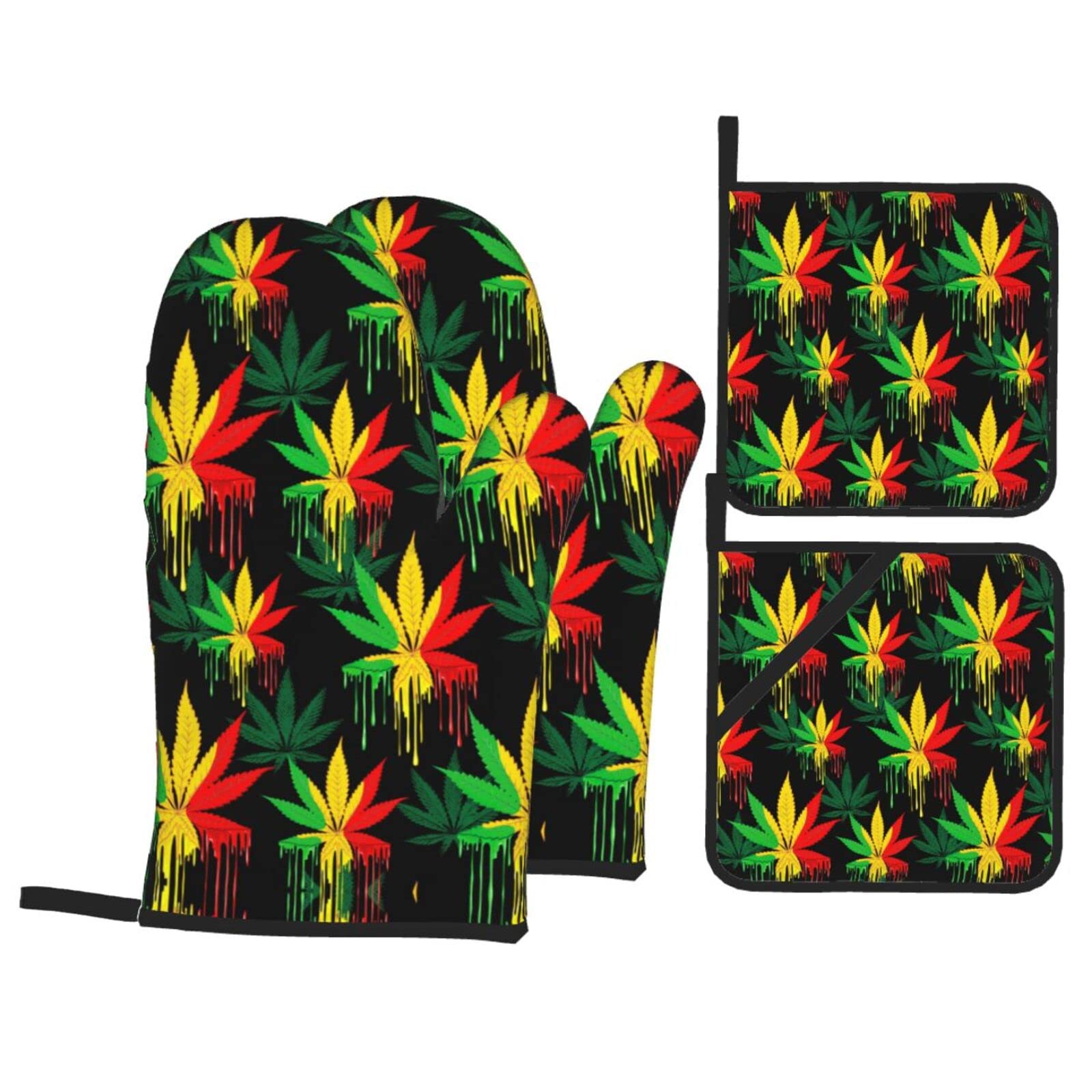 Oven Mitts and Pot Holders 4 Pack Marijuana Maple Leaf Heat-Resistant Oven Glove with Non-Slip, Oven Mitts for BBQ Baking Grilling Kitchen Home Gift Set