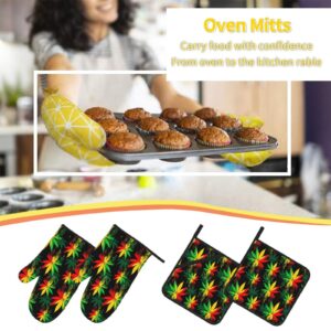 Oven Mitts and Pot Holders 4 Pack Marijuana Maple Leaf Heat-Resistant Oven Glove with Non-Slip, Oven Mitts for BBQ Baking Grilling Kitchen Home Gift Set