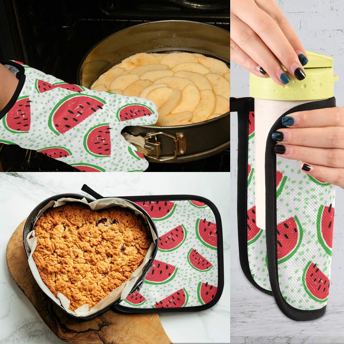 Oven Mitts Pot Holders Sets - Watermelon Pattern Hot Gloves Hot Pads Non-Slip Potholders for Kitchen Baking Grilling