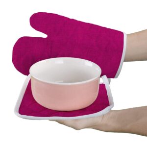 Oven Mitts with Pot Pads 2-Piece Set Fuchsia Burlap Texture Heat Resistant Non-Slip Gloves Holders Kitchen Set for Cooking Baking Grilling Microwave