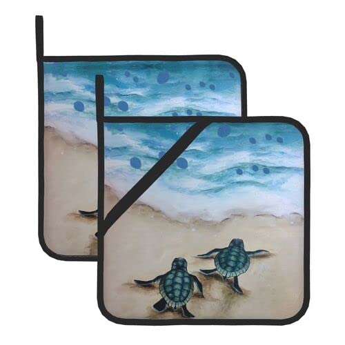 Watercolor Turtles on The Beach Pot Holders for Kitchen,Heat Resistant Pot Holders Sets Oven Hot Pads Terry Cloth Pot Holders for Cooking Baking 2Pcs