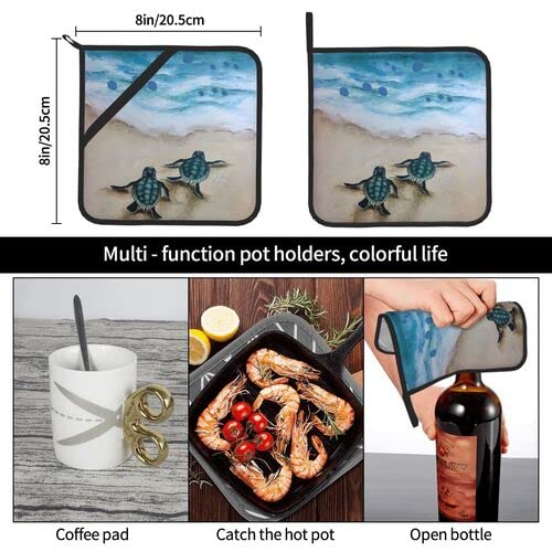 Watercolor Turtles on The Beach Pot Holders for Kitchen,Heat Resistant Pot Holders Sets Oven Hot Pads Terry Cloth Pot Holders for Cooking Baking 2Pcs